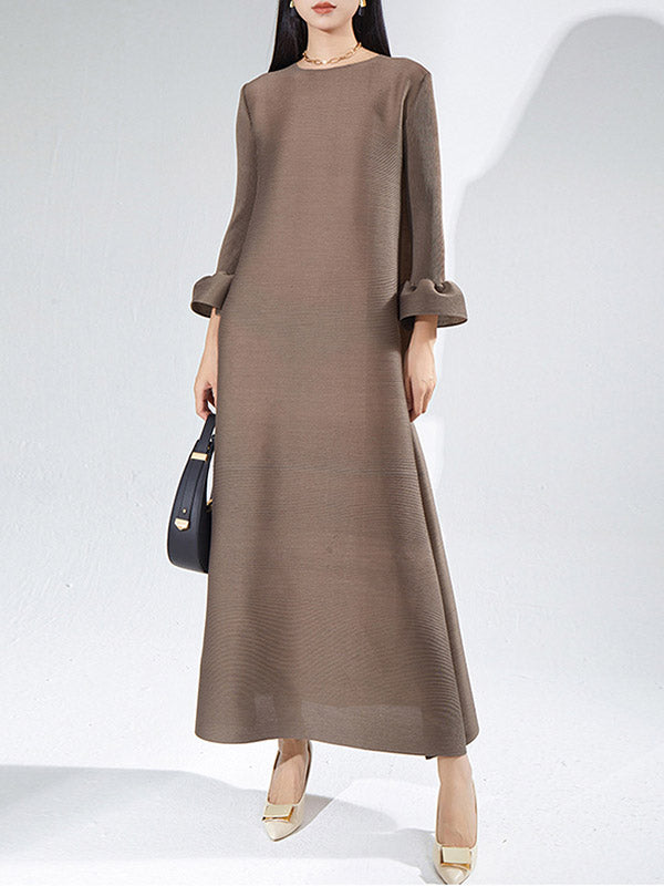 A-Line Loose Pleated Solid Color Round-Neck Maxi Dresses – Uoozee official