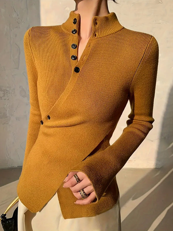 Long Sleeves Asymmetric Split-front Split-Joint V-neck Sweater Tops ...