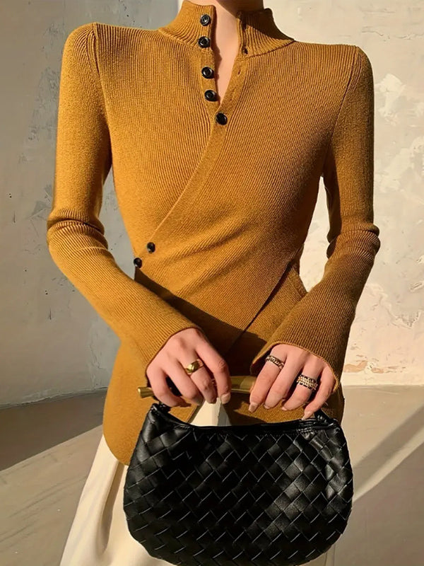 Long Sleeves Asymmetric Split-front Split-Joint V-neck Sweater Tops ...