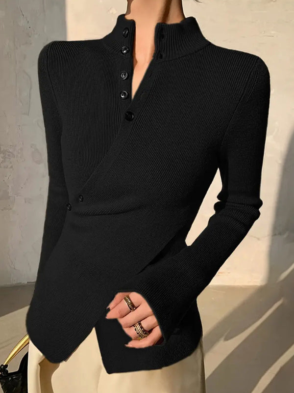 Long Sleeves Asymmetric Split-front Split-Joint V-neck Sweater Tops ...