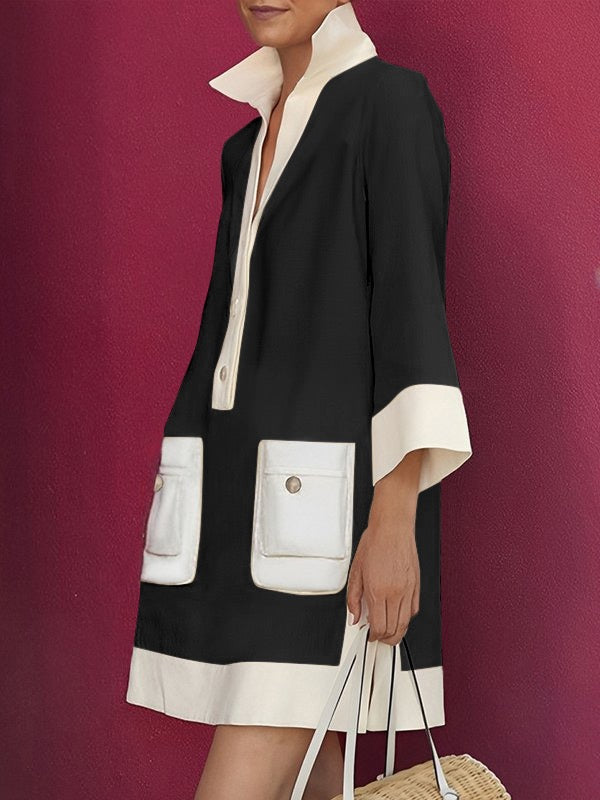 A-Line Loose Buttoned Contrast Color Pockets Stand Collar Mini Dresses ...