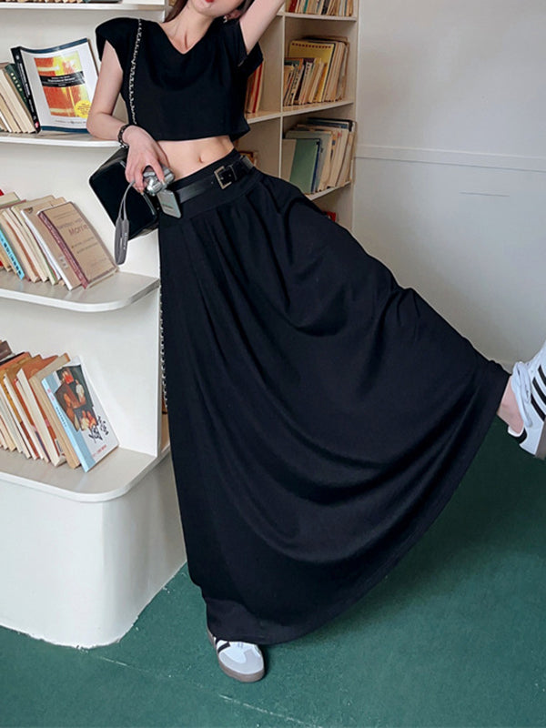 A-Line High Waisted Belted Pleated Solid Color Skirts Bottoms – Uoozee ...