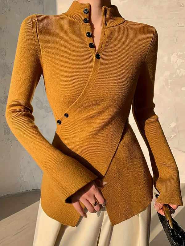 Long Sleeves Asymmetric Split-front Split-Joint V-neck Sweater Tops ...