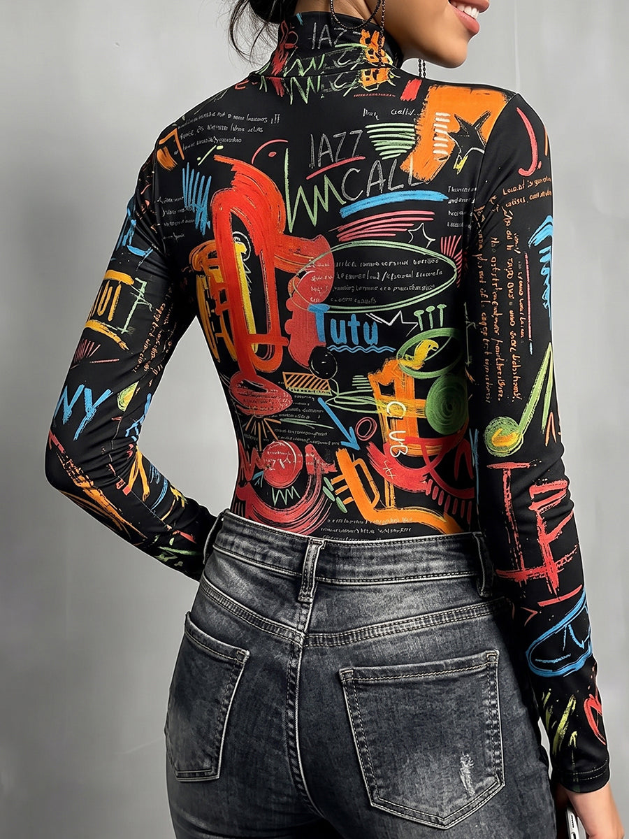 Printed Letter Print Contrast Color Skinny Long Sleeves Mock Neck T-Sh ...