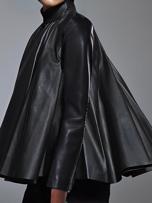 A-line Long Sleeves Big Hemline Solid Color Stand Collar Leather Top ...