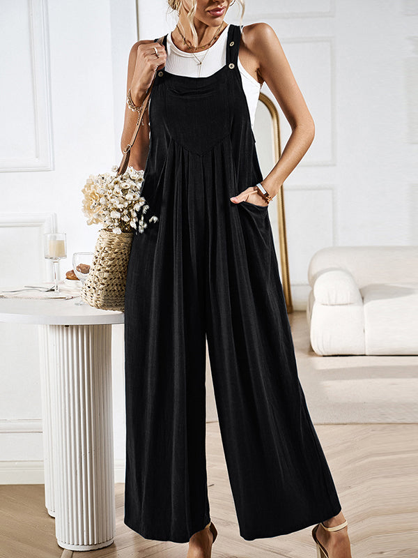 Loose Sleeveless Pleated Pockets Split-Joint Spaghetti-Neck Overalls ...
