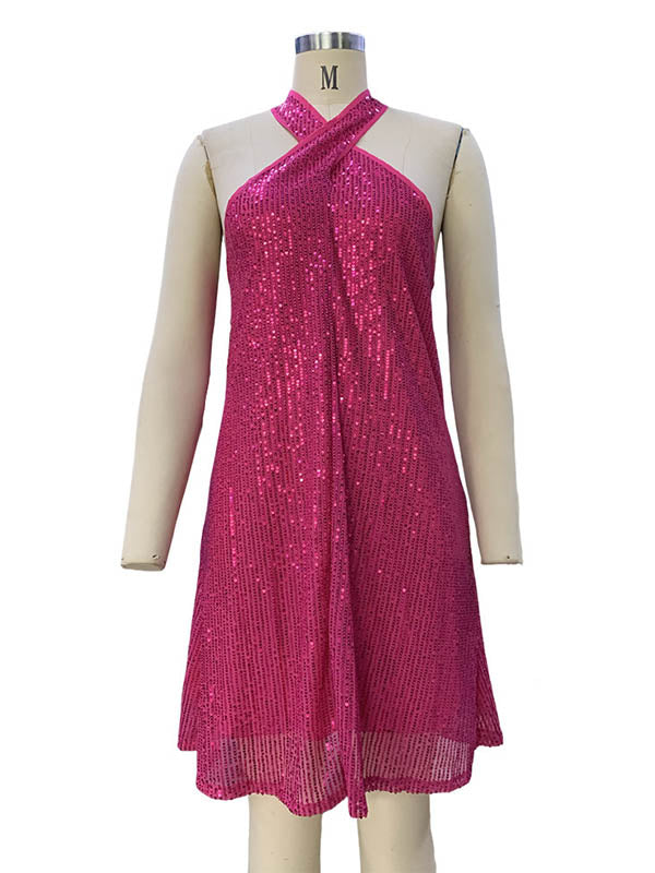 A-Line Loose Hollow Sequined Solid Color Halter-Neck Mini Dresses ...