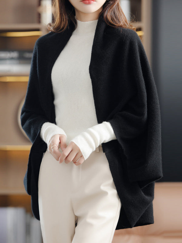 Urban Wool Loose Solid Color Batwing Sleeves Cape Cardigan Tops ...