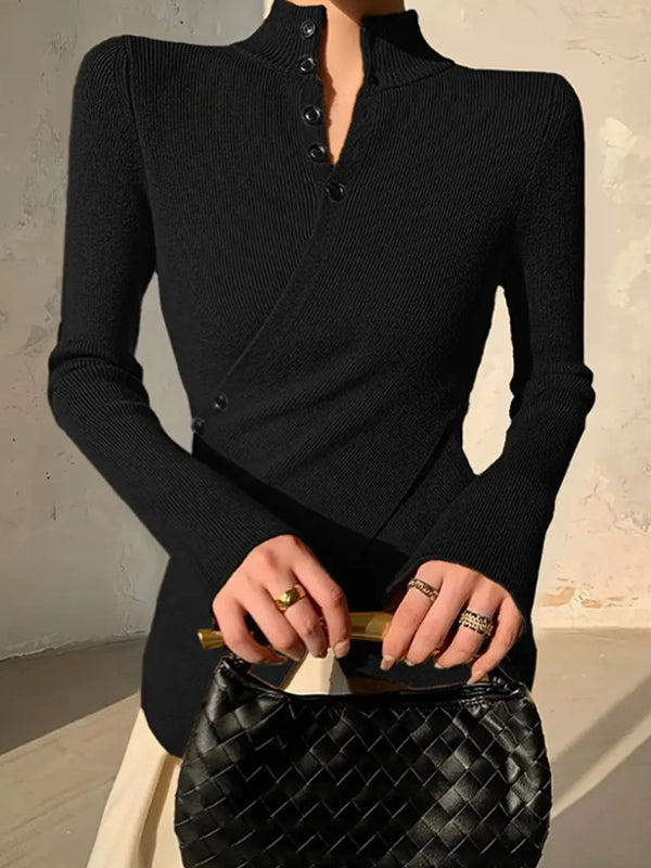 Long Sleeves Asymmetric Split-front Split-Joint V-neck Sweater Tops ...