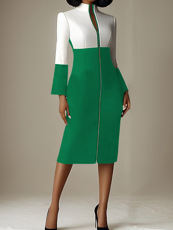 Long Sleeves Contrast Color Split-Joint Zipper Stand Collar Midi Dress ...