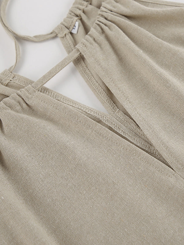 Loose Hollow Split-Joint Halter-Neck Vest + Elasticity High Waisted Pa ...