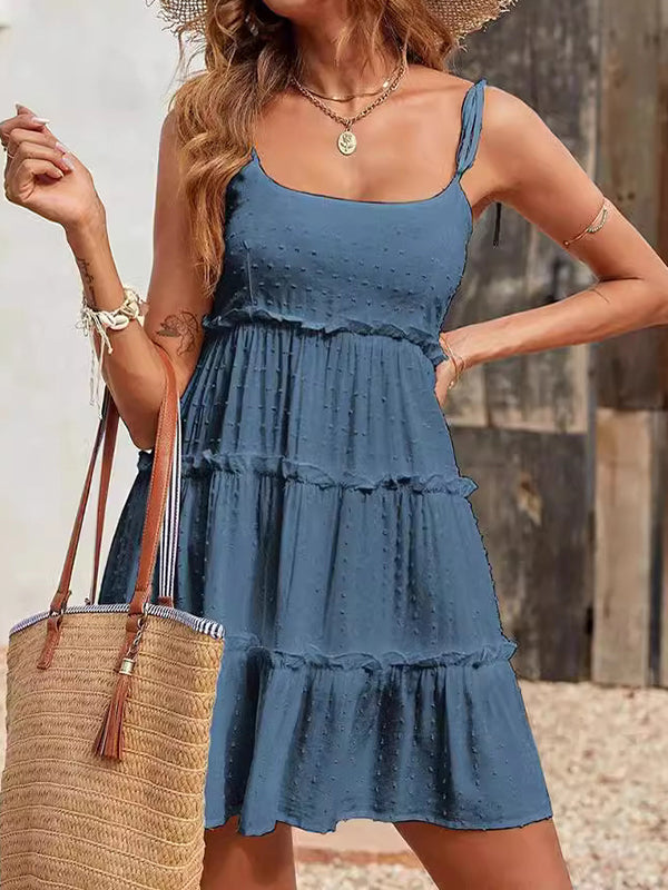 A-Line Loose Jacquard Layered Pleated Solid Color Split-Joint Spaghett ...