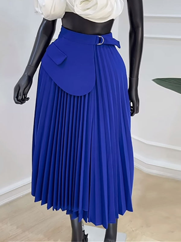 A-Line High Waisted Asymmetric Pleated Solid Color Split-Joint Skirts ...
