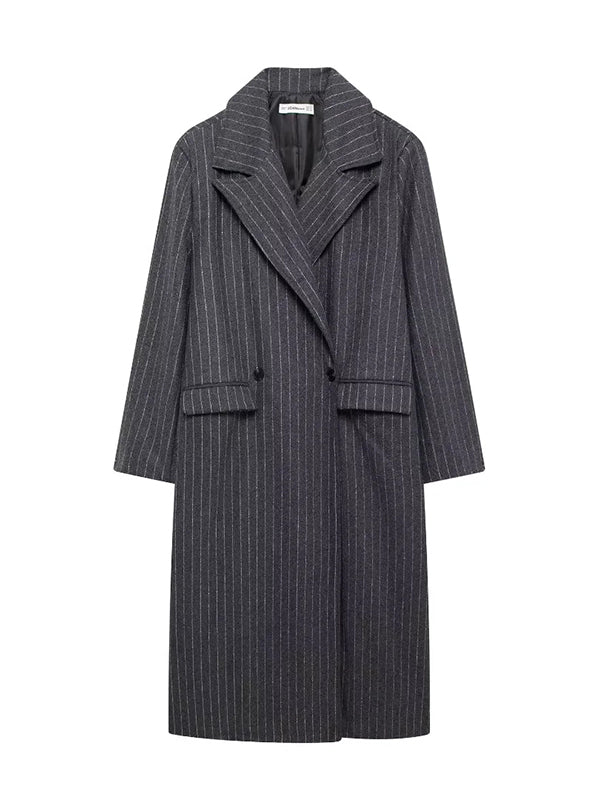 Long Sleeves Loose Split-Joint Striped Lapel Trench Coats Woolen Coat ...