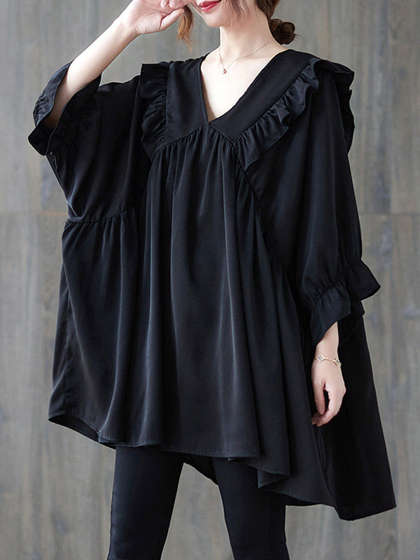 Loose Ruffle Sleeves Ruffled Solid Color Peter Pan Collar Blouses&Shir ...