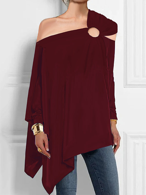 Long Sleeves Loose Asymmetric Hollow Solid Color Asymmetric Collar T-S ...