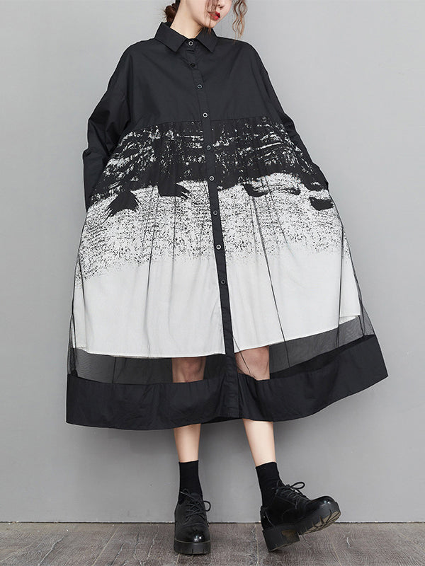A-Line Long Sleeves Buttoned Gauze Printed Split-Joint Lapel Midi Dres ...
