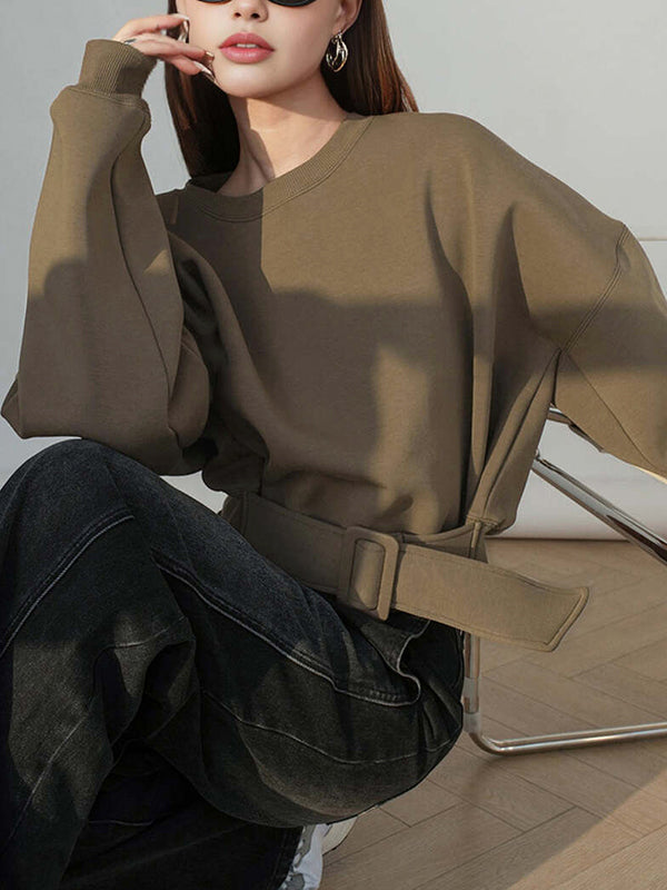 Long Sleeves Loose Belt Buckle Solid Color Round-Neck Sweatshirt Tops ...