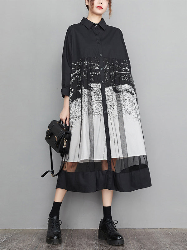 A-Line Long Sleeves Buttoned Gauze Printed Split-Joint Lapel Midi Dres ...