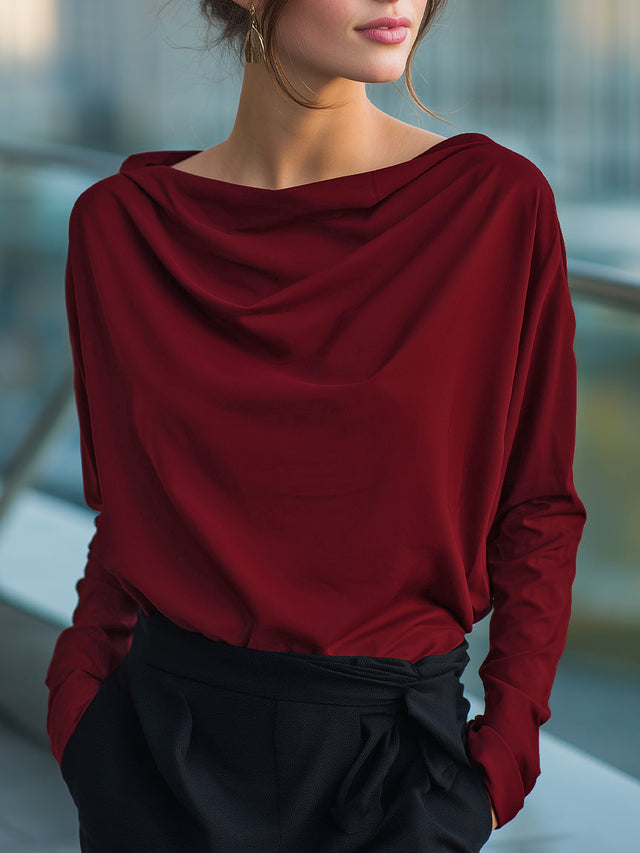 Long Sleeves Loose Solid Color Heaps Collar Blouses&Shirts Tops ...
