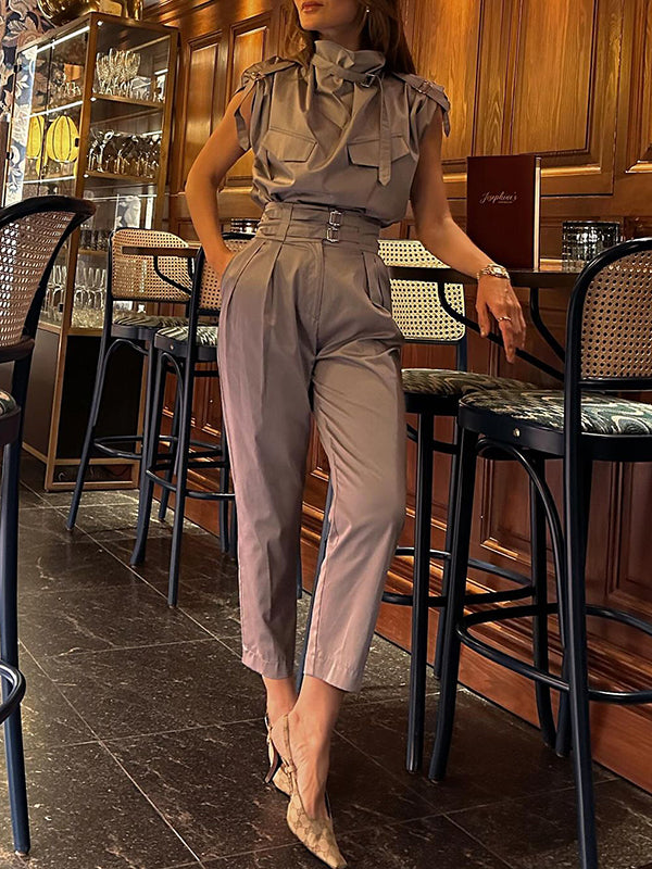 Loose Sleeveless Buckle Solid Color Stand Collar Blouses&Shirts Tops ...