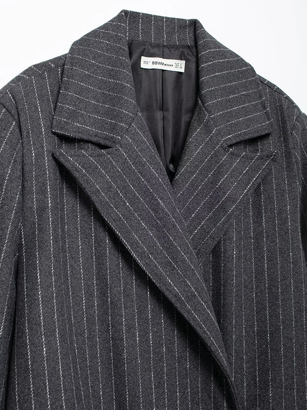 Long Sleeves Loose Split-Joint Striped Lapel Trench Coats Woolen Coat ...