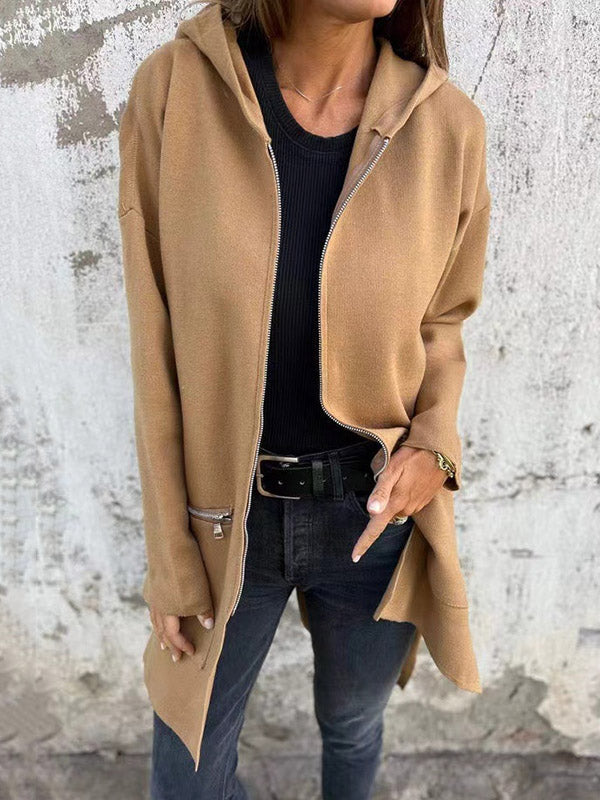 Hooded Long Sleeves Pockets Solid Color Split-Joint Zipper Outerwear ...
