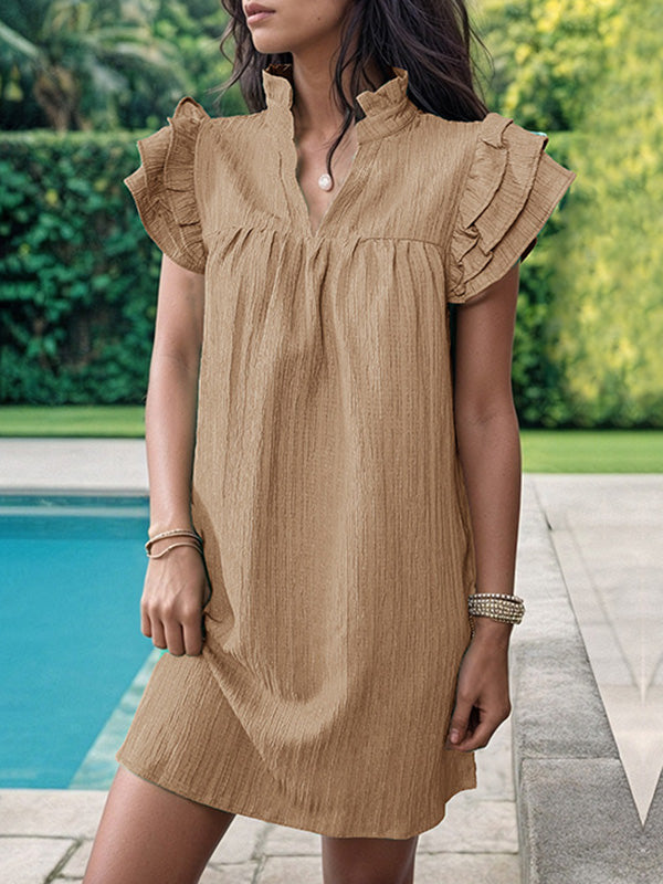 A-Line Loose Ruffled Solid Color Stand Collar Mini Dresses – Uoozee official
