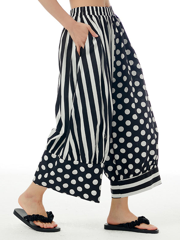 Loose Wide Leg Contrast Color Elasticity Polka-Dot Split-Joint Striped ...