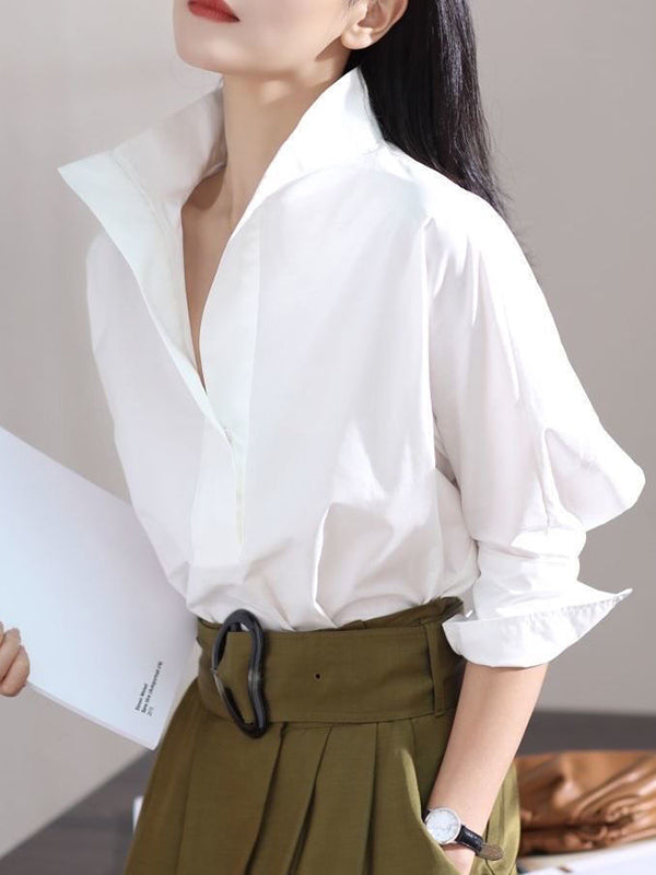Long Sleeves Loose Solid Color Lapel Collar Blouses&Shirts Tops ...