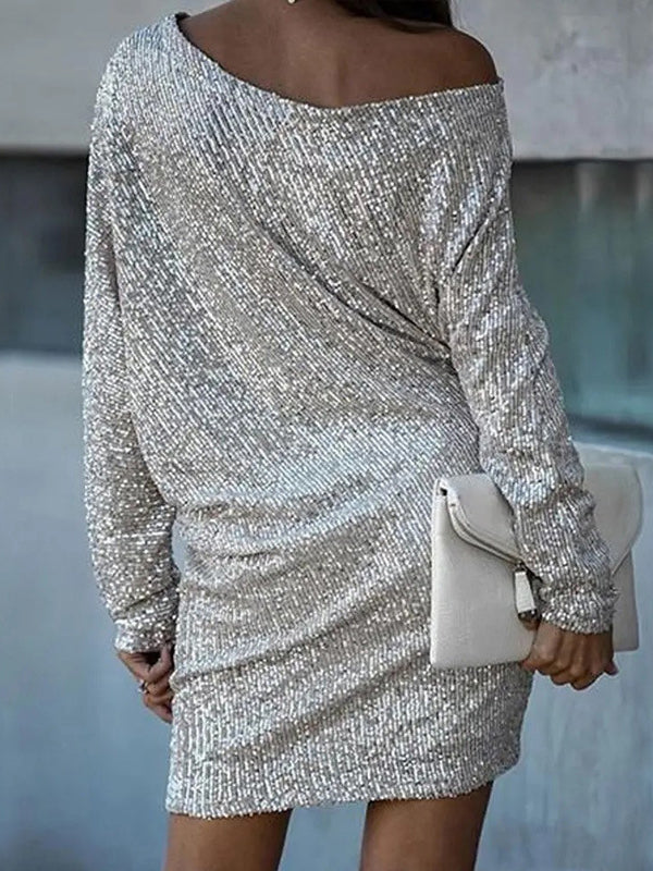 A-Line Loose Asymmetric Sequined Solid Color One-Shoulder Mini Dresses ...