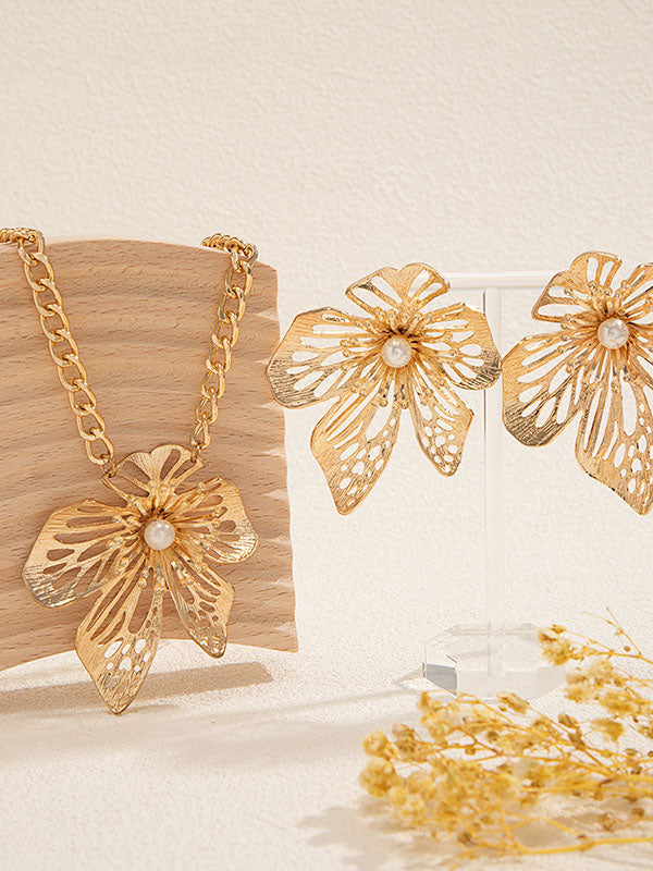 Chains Flower Shape Hollow Pleated Three Pieces Dainty Necklace + Earr ...