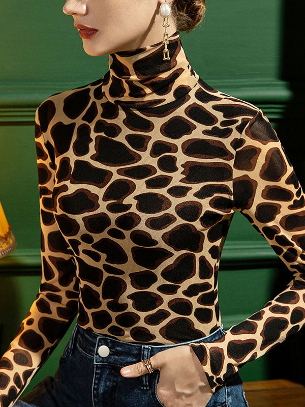 Long Sleeves Skinny Leopard High-Neck T-Shirts Tops – Uoozee official