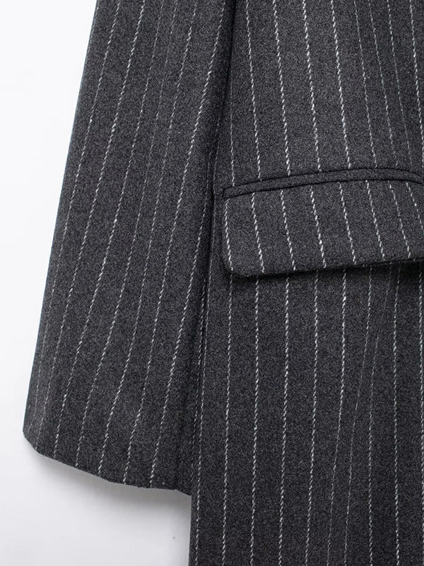 Long Sleeves Loose Split-Joint Striped Lapel Trench Coats Woolen Coat ...