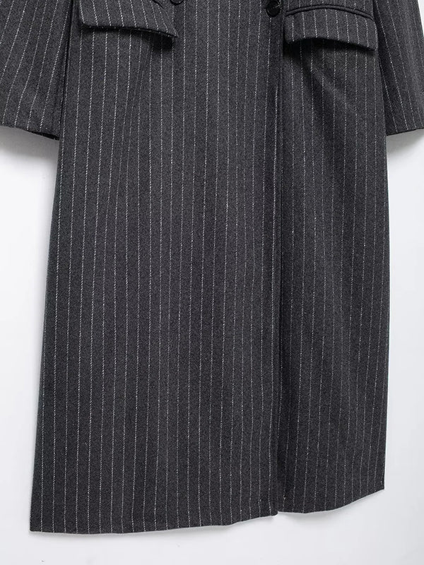 Long Sleeves Loose Split-Joint Striped Lapel Trench Coats Woolen Coat ...