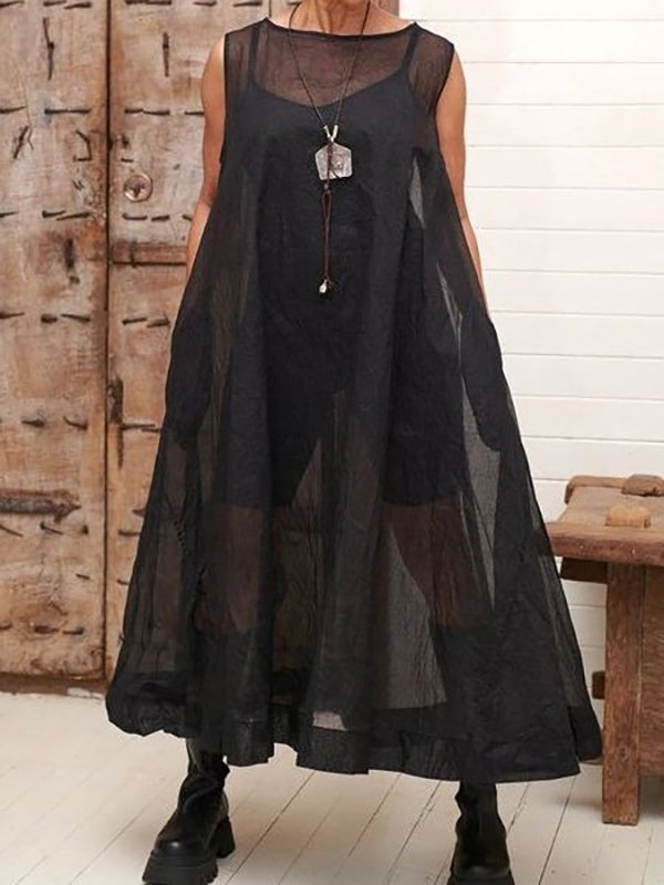 A-Line Loose Pockets See-Through Solid Color Round-Neck Cover-Up Midi ...