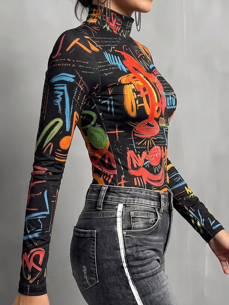 Printed Letter Print Contrast Color Skinny Long Sleeves Mock Neck T-Sh ...