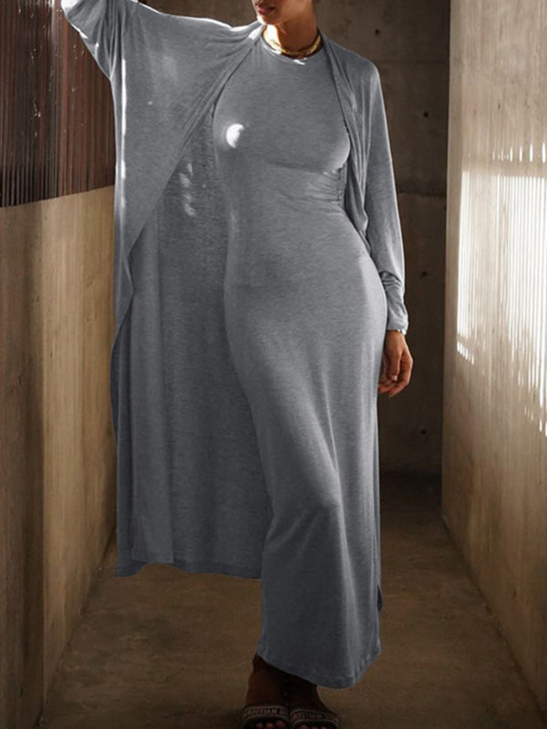 Long Sleeves Solid Color Round-Neck Inner Dress + Bodycon Outerwear Tw ...