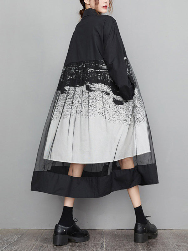 A-Line Long Sleeves Buttoned Gauze Printed Split-Joint Lapel Midi Dres ...