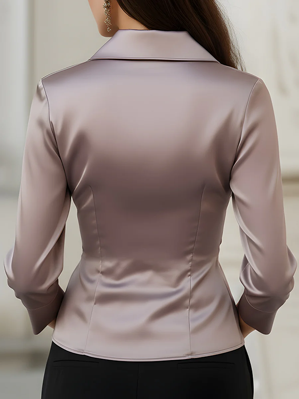 Three-Quarter Sleeves Buttoned Pleated Solid Color Lapel Blouses&Shirt ...