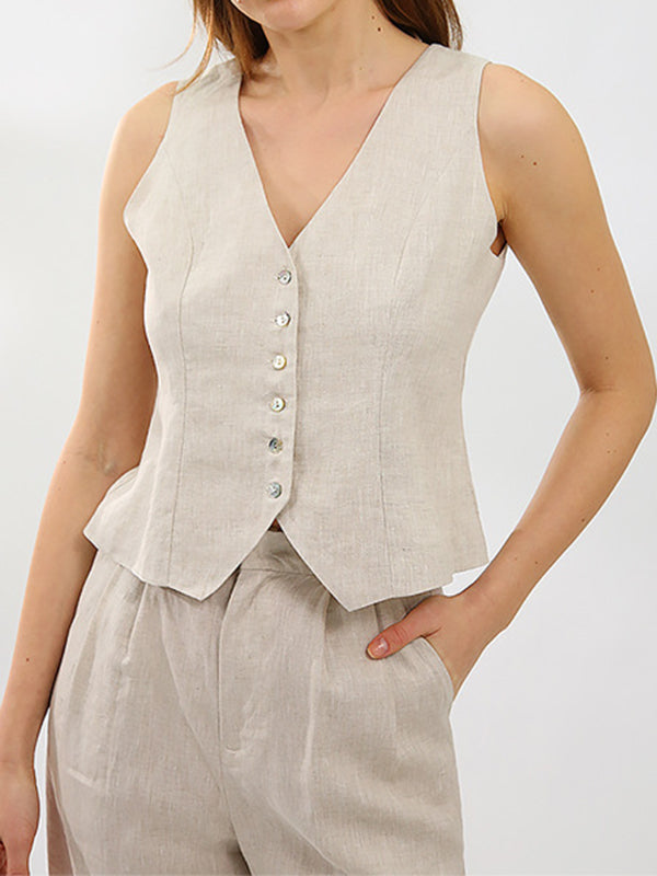 Solid Color Sleeveless Buttoned Deep V-Neck Vest Top + Pleated Straigh ...