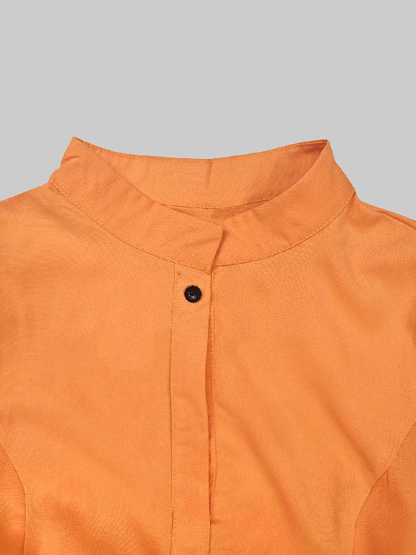 A-Line Long Sleeves Buttoned Layered Pleated Pockets Ruffled Solid Col ...