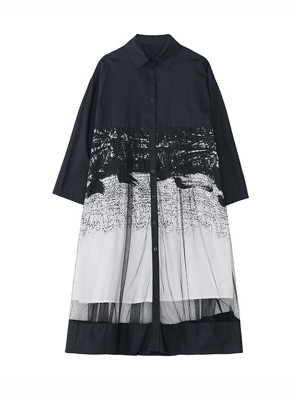 A-Line Long Sleeves Buttoned Gauze Printed Split-Joint Lapel Midi Dres ...